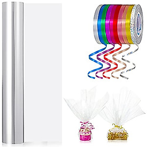 Zonon 31.5 Inch x 100 Ft Cellophane Wrap Roll Cellophane Bag Cellophane Basket Wrap with 10 Rolls Colorful Curling Ribbon Metallic Curling Balloon Ribbon for Flowers Baskets Handicraft Crafts (Clear)