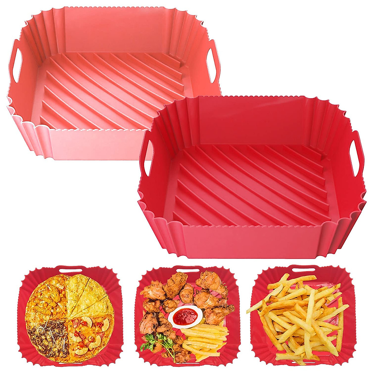 QURAR 2 Pack Air Fryer Silicone Liners | Top 8in, Bottom 7in | Silicone Liners Pot for 4 to 7 QT, Reusable Square Food Safe Silicone Basket Replacement of Flammable Parchment Paper, (Red & Pink)