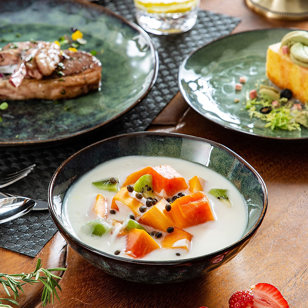 vancasso Starry 12 Pieces Green Dinnerware Set, Reactive Change Glaze Dinner Set, Plates and Bowls Set