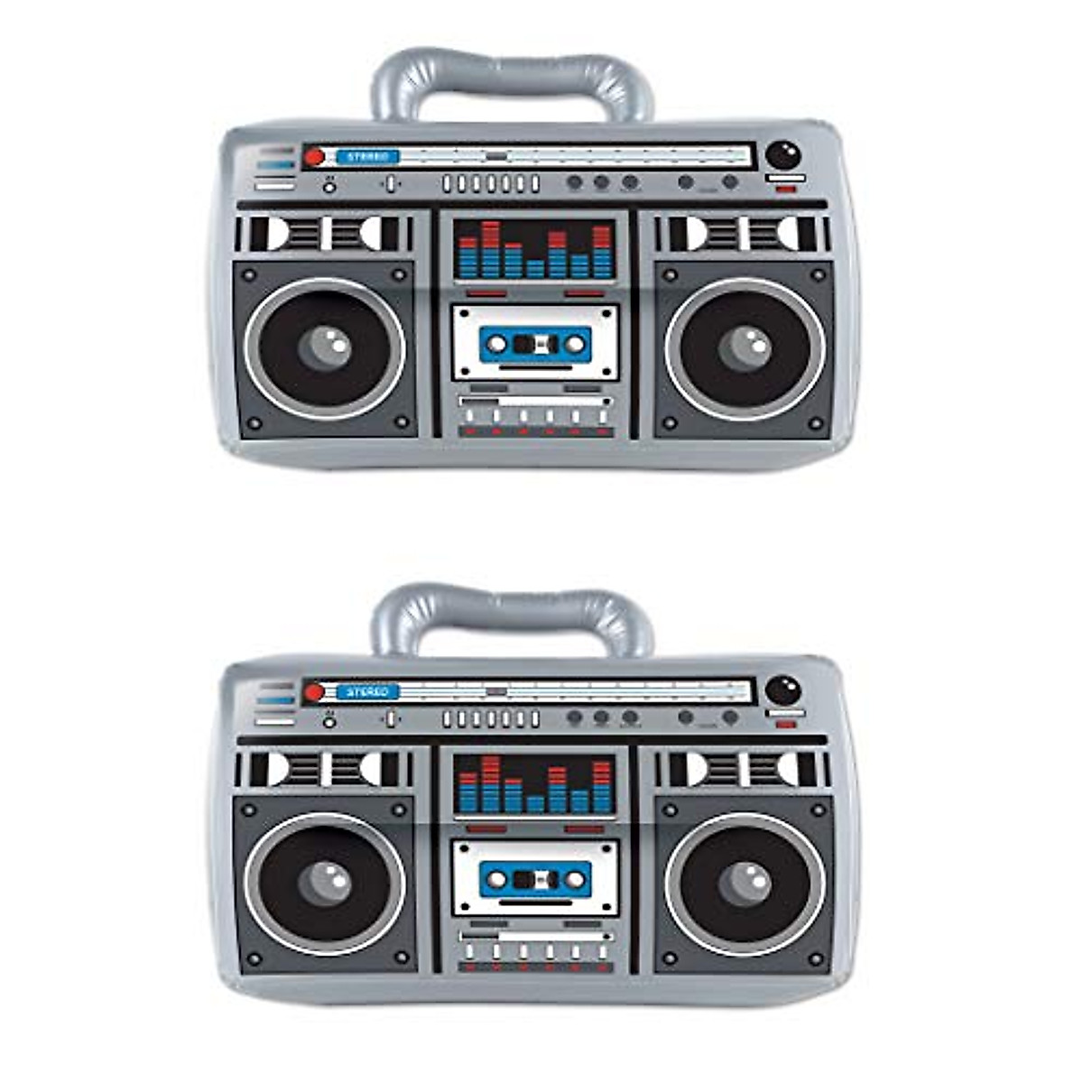 Beistle 2 Piece 11" x 16" Inflatable Boom Boxes 80's Theme Retro 1980's Party Prop Decorations Hip Hop Costume Accessories, Gray/Black/White/Red/Blue