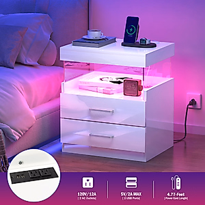 DMIDYLL High Glossy LED Nightstand, White Night Stand with Charging Station and LED Lights, Wood Night Stand with Drawers & Open Shelf, Smart Nightstand for Bedroom