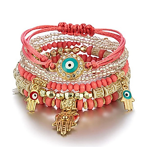 4 Pcs Bohemian Stackable Bracelets Multilayer Evil Eye Hamsa Hand Bracelets Boho Stretch Strand Bracelet Multicolor Crystal Charm Bracelet Lucky Protection Bangles for Women (Black+Red+White+Mixture)
