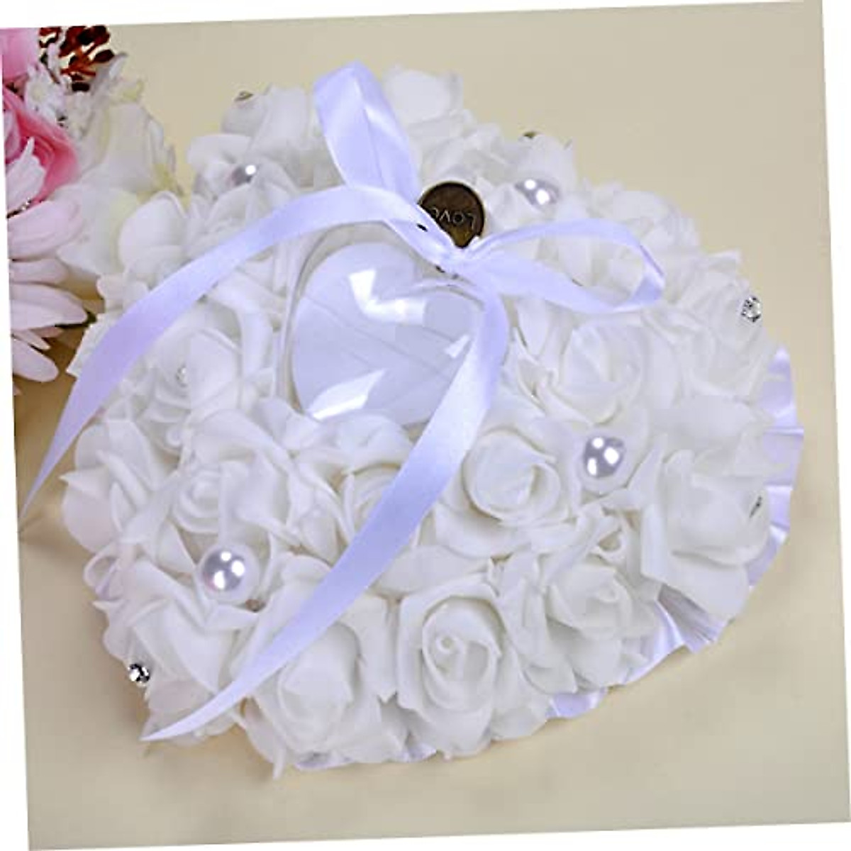 Abaodam Accessories Ring Pillow Wreath Decor Heart Ring Wedding Decor Rose Flower Ring Tray Wedding Ring Pillow Bridal Pillows Ring Pillow Heart Ring Box Ring Holder White Crystal Foam 1pc