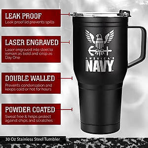 Military Veteran Products 30oz Navy Tumbler Double Wall Vacuum Insulated Stainless Steel USN Travel Mug with Handle - Navy Gifts for Men or Women