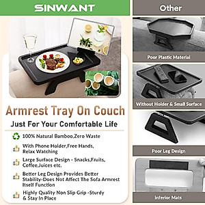 SINWANT Sofa Armrest Tray,Clip On Couch Arm Table, Foldable Sofa Arm Tray with 360° Rotating Phone Holder and Stable Sofa Table for Eating and Drink, Black