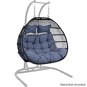 Sunnydaze Liza Loveseat Egg Chair with Cushions - Comfy Bohemian-Style Decorative Outdoor Living Collapsible Chair - Gray Polyester Cushions with Black Wicker Rattan Frame - 43 Inches Tall
