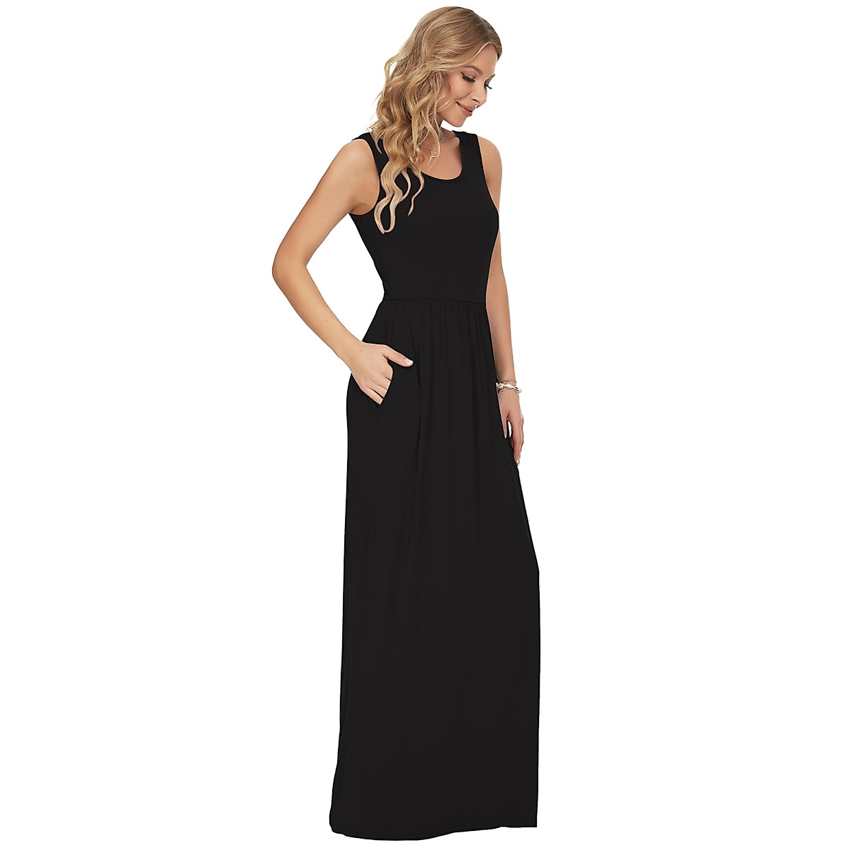 AUSELILY Women's Summer Sleeveless Loose Maxi Dress Casual Long Dresses with Pockets 2025 New Black L