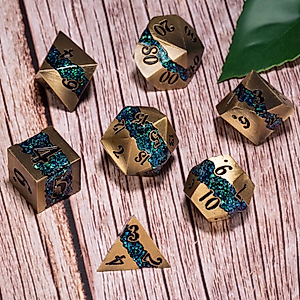 Maywin Metal RPG Dice Set,Mica Glitter Stripe Dice DND,Antique Bronze Dice 7pcs Set for Dungeons and Dragons