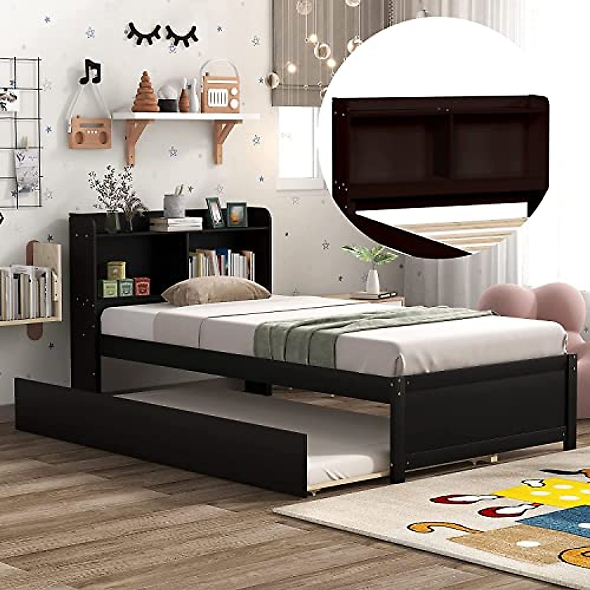 Harper & Bright Designs Twin Bed with Trundle, Twin Bed Frame with Bookcase Headboard, Wood Twin Platform Bed with Pull Out Trundle Bed for Kids Girls Boys,No Box Spring Needed,Espresso