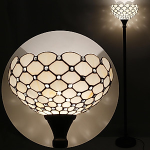 WERFACTORY Tiffany Floor Lamp Cream Amber Stained Glass Bead Light 12X12X66 Inches Pole Torchiere Standing Corner Torch Uplight Decor Bedroom Living Room Home Office (LED Bulb Included) S005 Series