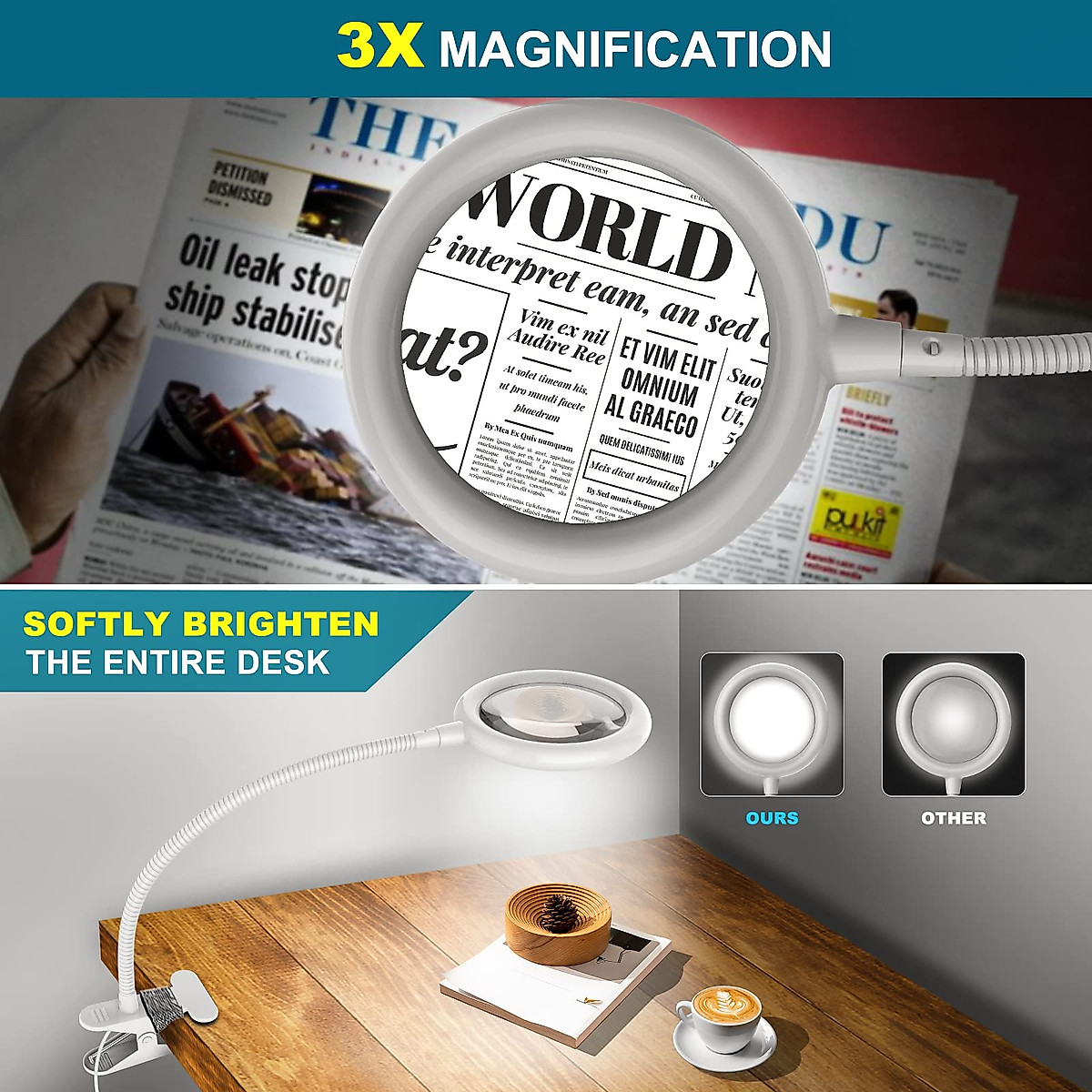 Delixike Magnifying Glass with Light and Stand, 3X Magnifier with Clam, Desk Magnifying Lamp for Crafting, Reading, Sewing, Hobbies, Close Work