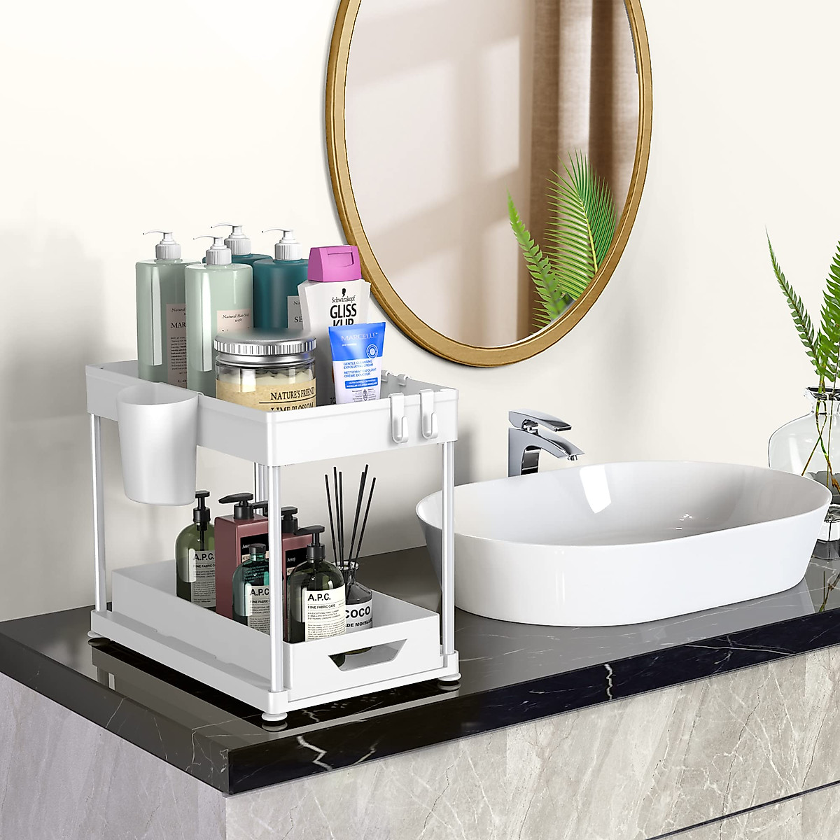 Fkprorjv Under Sink Organizers and Storage, 2 Pack Kitchen Bathroom Sink Organizer with Hooks, 2 Tier Under Sink Cabinet Basket Storage Shelf with Sliding Drawers, White