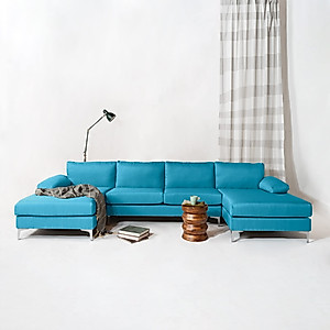 Casa Andrea Milano Modern Large Linen Fabric U-Shape Sectional Sofa, Double Extra Wide Chaise Lounge Couch