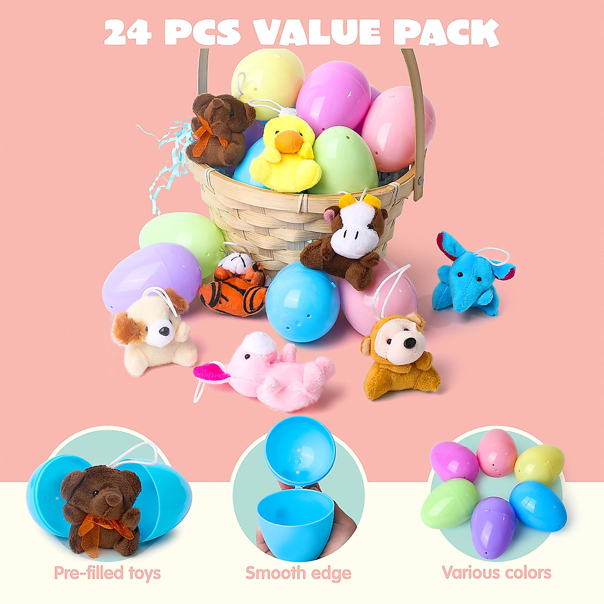JOYIN 24 Pack Prefilled Easter Eggs of Mini Stuffed Animal Plush Toys Easter Baster Stuffer for Kids Easter Egg Hunt Filler Stuffer