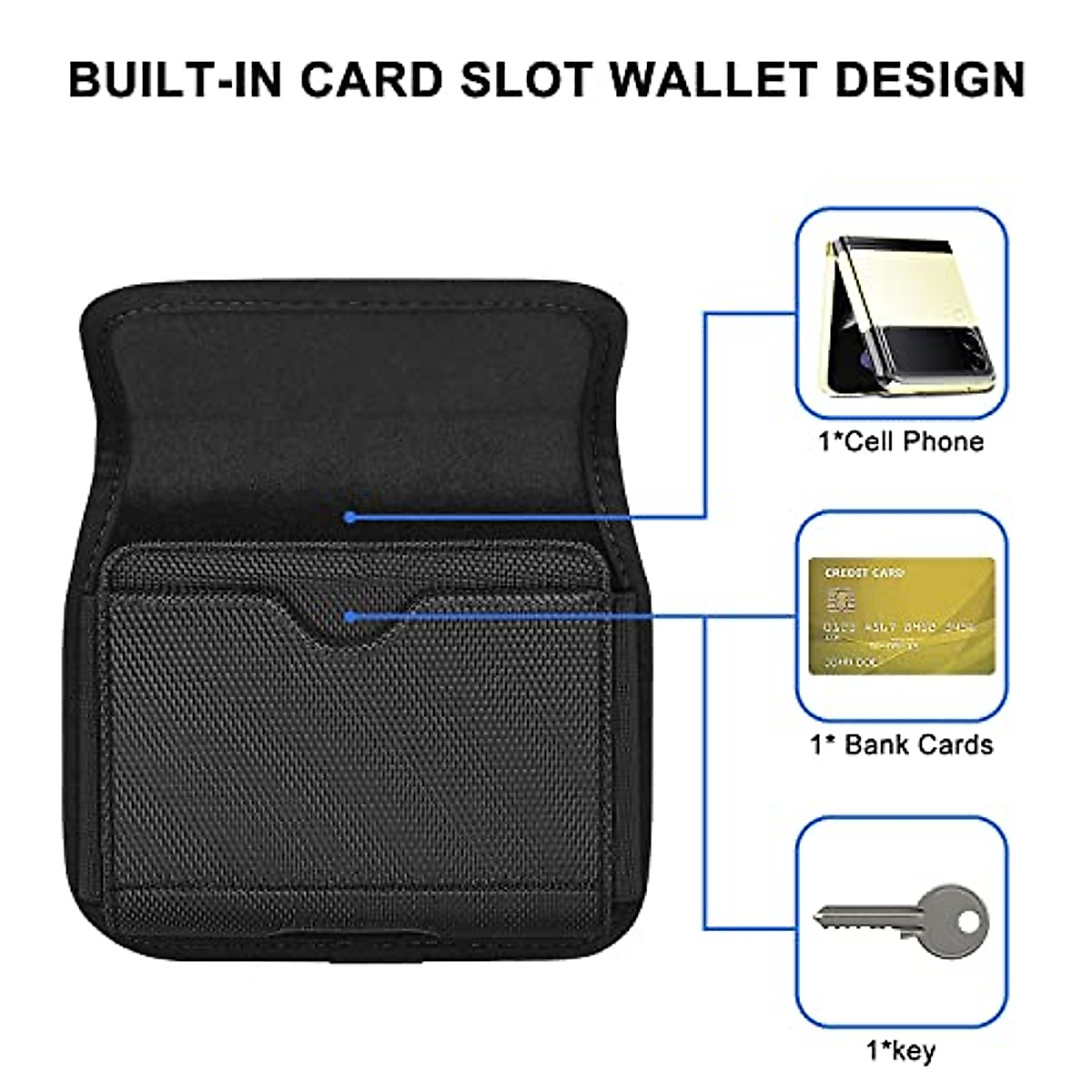 Cell Phone Holster for Samsung Galaxy Z Flip, Samsung Z Flip 3, Samsung Z Flip 4, Z Flip 5 Men Belt Clip Holster Card Slot Pouch Motorola Razr, Black