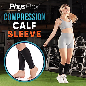 Calf Compression Sleeves for Men and Women - (1 Pair) Footless Compression Socks Support for Varicose Vein, Nursing, Pregnancy, Running - PhysFlex Leg Sleeve Brace for Shin Splints, Pain Relief and Reduces Swelling (Black, Medium)