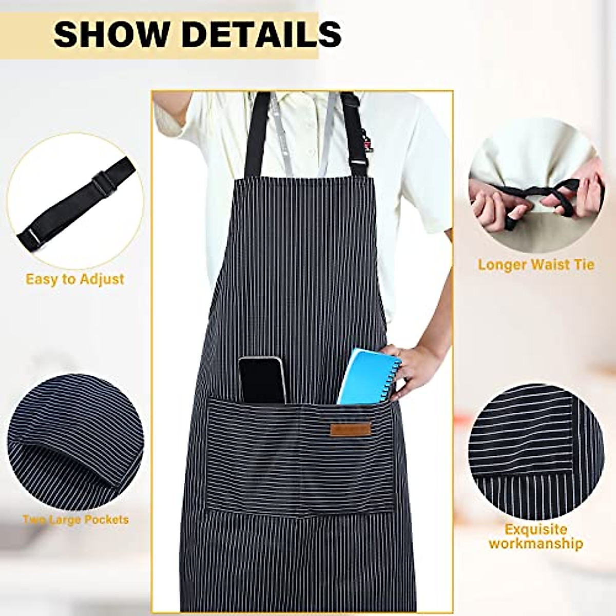 Handepo 4 Pieces Cooking Kitchen Aprons Unisex Soft Chef Kitchen Aprons with Pockets Cotton Polyester Blend Adjustable Bib Aprons for Women Men, Crafting Bbq, Black, Blue, Pink, Grey Stripes