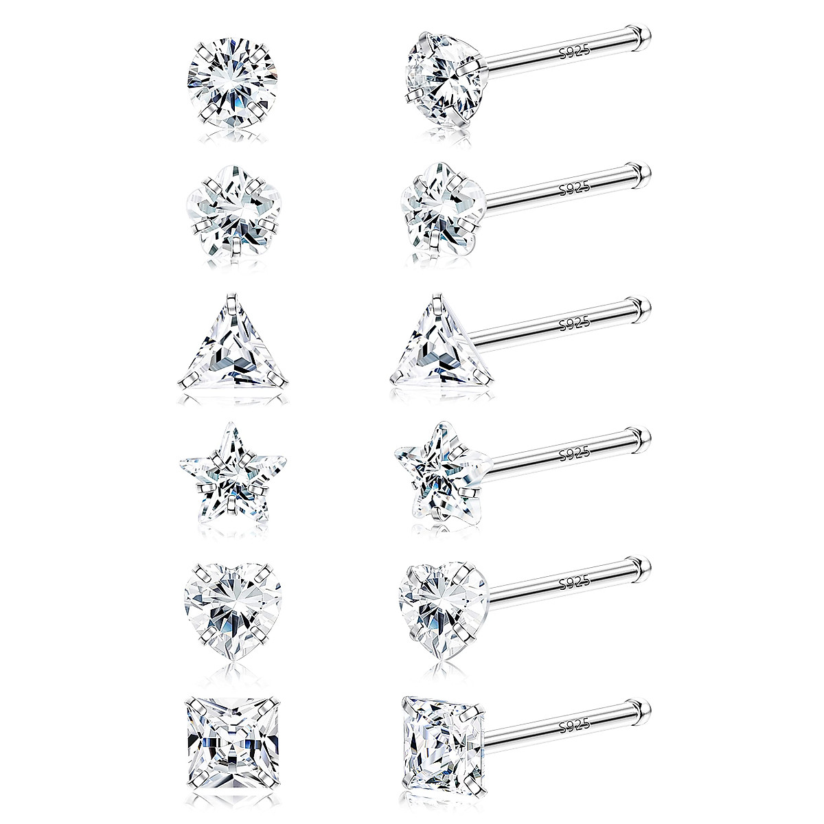 Sllaiss Sterling Silver Tiny Nose Rings Studs Set 22G 20G Multi-style CZ Bone Nose Piercing Jewelry for Women Men 3mm