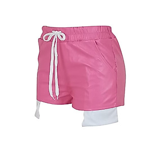 Aotasely Latex Tight Faux Leather Mini Shorts for Women Sexy PU Coated Shorts Deep Pockets Patchwork Nightwear Pink L