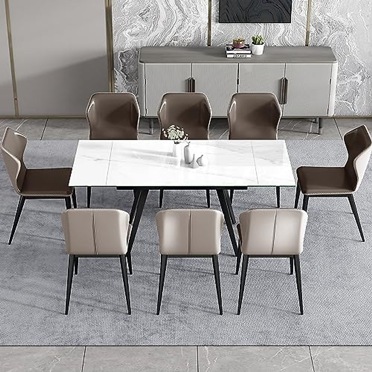 SIMTONAL Extendable Dining Tables, 71" Rectangular Kitchen Table with Sintered Stone Tabletop（Only Table）, White