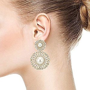 Wedding Rhinestone Synthetic Pearl Cluster Large Circle Flowers Long Drop Statement Earrings Elegant