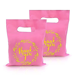 KDPATFAV 70 PCS 9" x 12" Plastic Merchandise Bags Shopping Bags with Thank You Logo Boutique Bags with Handles for Birthday Party Baby Shower Wedding Trade Shows and More (Pink)