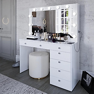 Boahaus Serena Modern Makeup Vanity with Hollywood Light Bulbs Add-On, 7 Drawers, Wide Mirror, Glam Glass Top for Bedroom