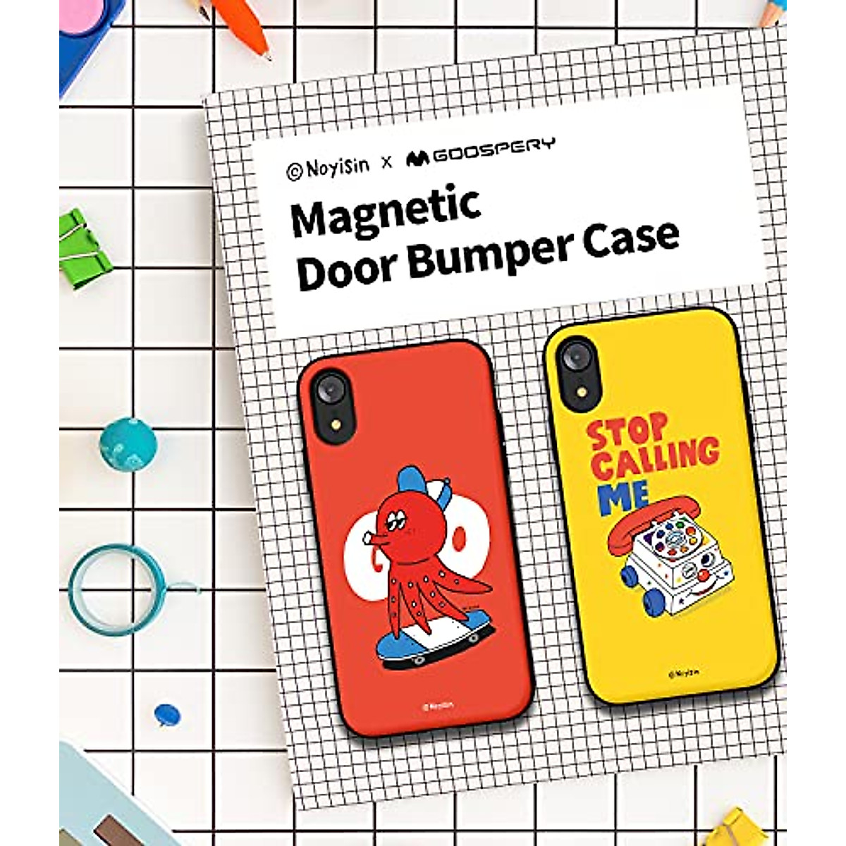 GOOSPERY for iPhone XR Wallet Case with Card Holder, Protective Dual Layer Bumper Phone Case (Noyisin Character Design-Stop Calling Me) - Yellow