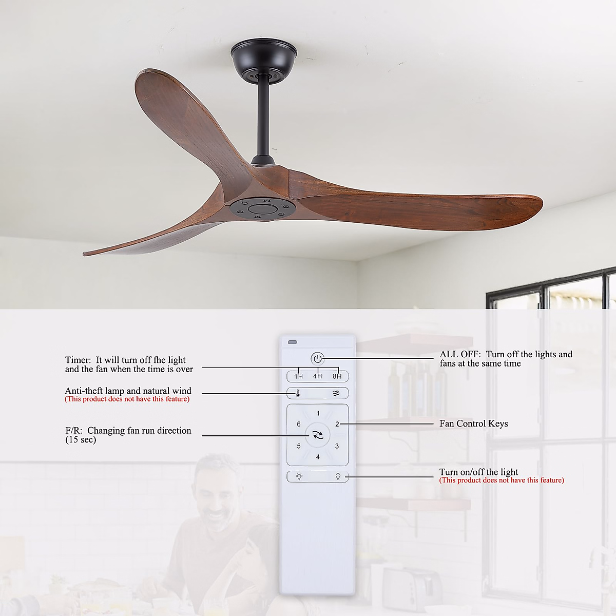DefinElegant Walnut Wood 52" Ceiling Fan, 6-Speed, Reversible 3 Blades, Timed Shutdown, Silent DC Motor, for Bedroom, Porch