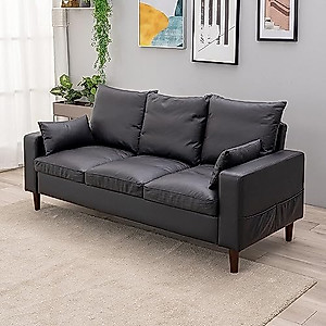 Panana Couch 3 Seater Loveseat Sofa with Storage Pockets for Living Room, Upholstered Faux Leather Sofa with 2 Pillows, Cushion Back Sofa for Bedroom, Home Office, Apartment