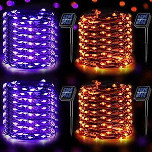 Hiboom 4 Pack Halloween Solar String Lights Outdoor, Each 33 Ft 100 LED 8 Modes Solar Orange Purple String Lights, Waterproof Black Copper Wire Fairy Lights for Halloween Home Patio Party Tree Decor