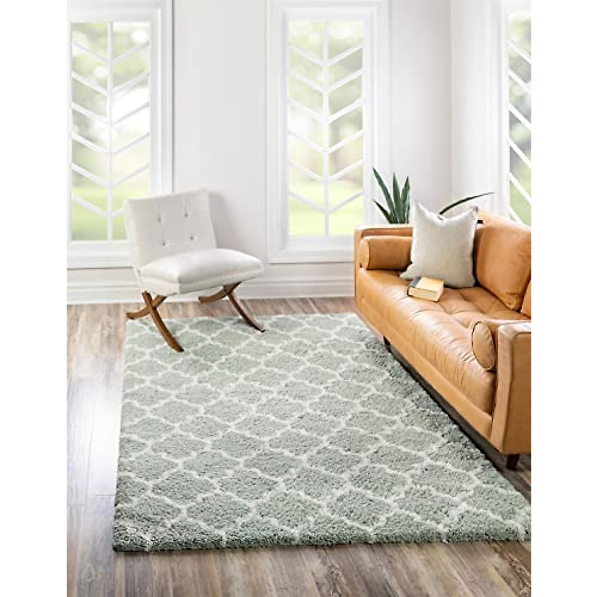 Unique Loom Rabat Shag Collection Area Rug - Marble (9' 10" x 14' 1" Rectangle, White Cyan/Ivory)