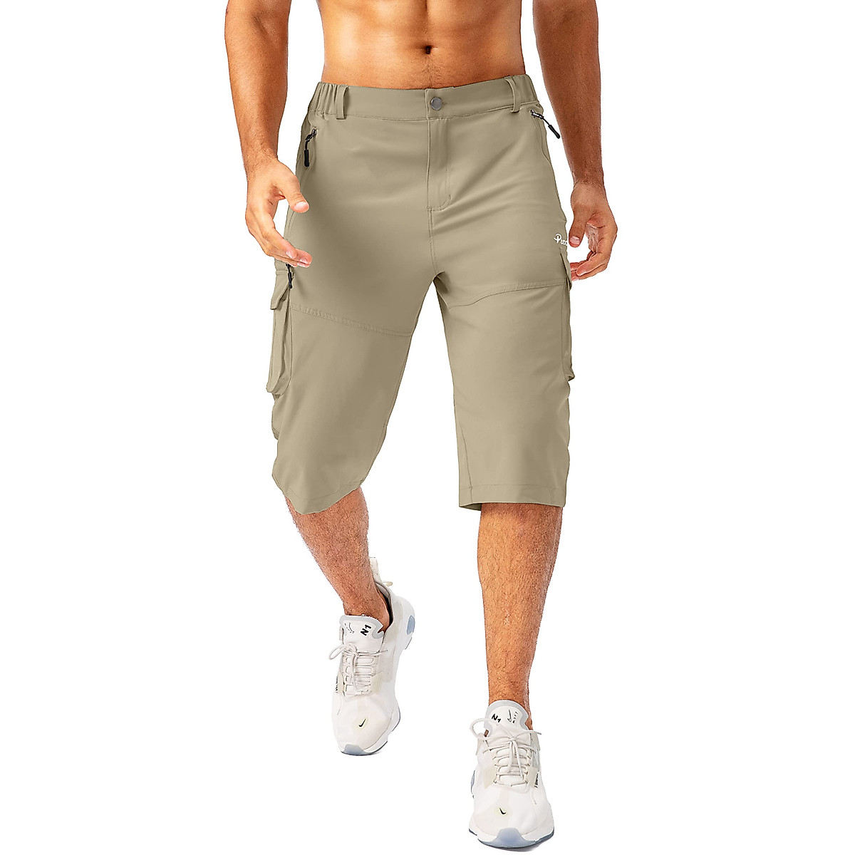 Pudolla Men's Capri Pants Quick Dry 3/4 Long Shorts with 6 Pockets for Workout Athletic Golf Hiking(Khaki Large)