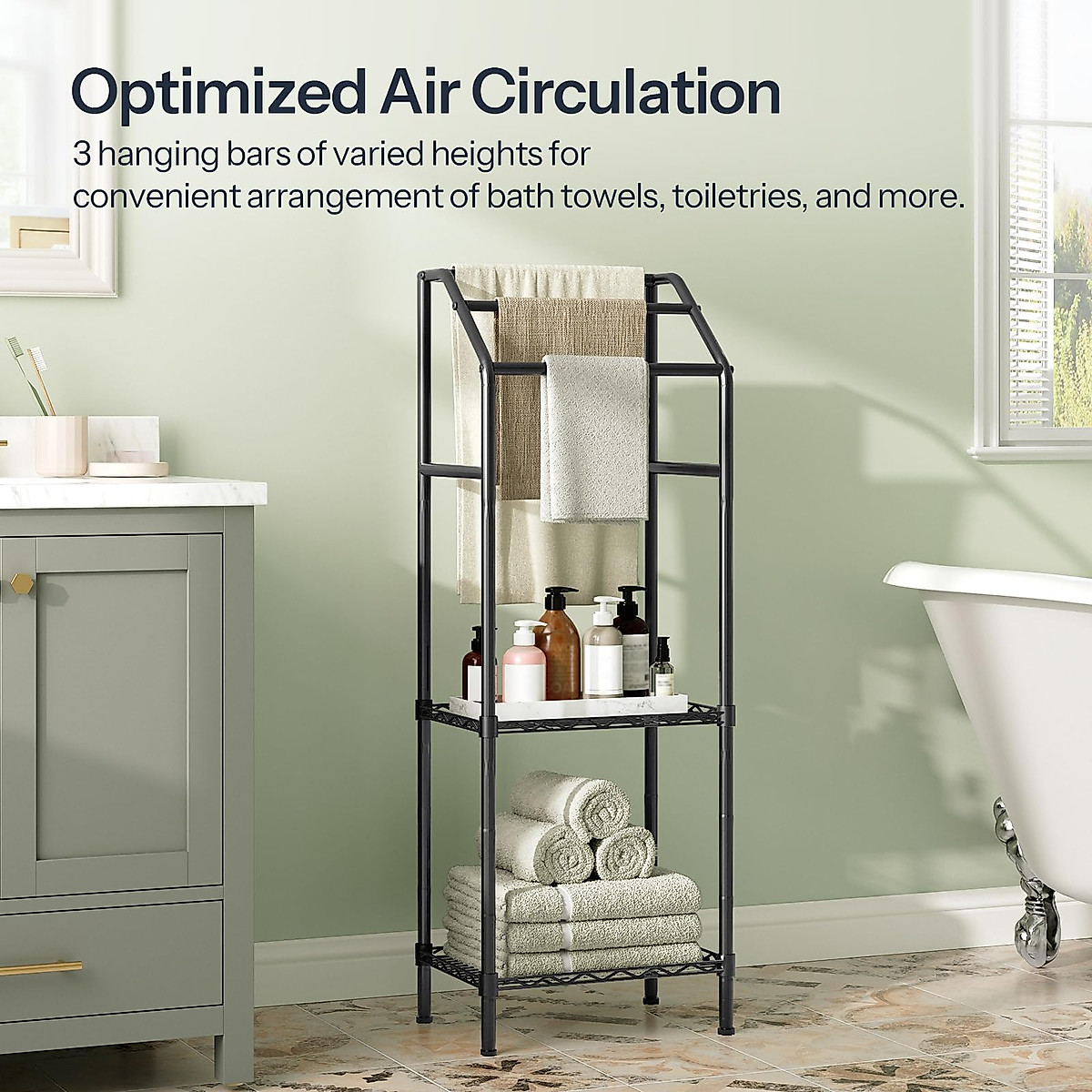 HOOBRO 47.8" Tall Freestanding Towel Rack for Bathroom, 3 Tier Stepped Blanket Rack with 2 Adjustable Shelves, Pool Towel Drying and Display Rack, Quilt Rack, for Living Room, Bedroom, Black BK25LB01