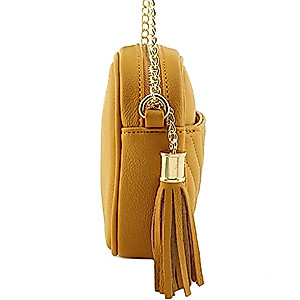 FashionPuzzle Chevron Quilted Crossbody Camera Bag with Chain Strap and Tassel (Mustard) One Size