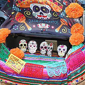Buryeah 23 Pcs Halloween Day of The Dead Trunk or Treat Car Decorations Kit Dia De Los Muertos Themed Car Decor Mexican Serape Marigold Flower Heads Cutouts Background for Car Trunk