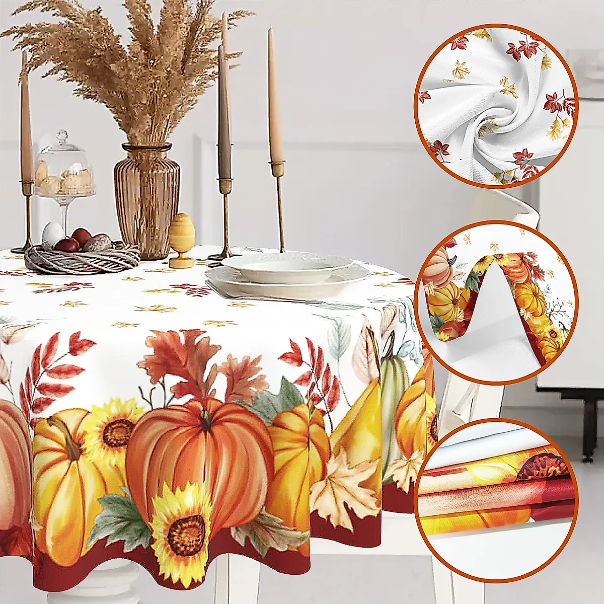 XUIUAN Fall Round Tablecloth Pumpkin Thanksgiving Dinner Table Decoration Autumn Leaves Print Harvest-Festival Seasonal Dining Table Cover Party Decor (60" x 60" Round)
