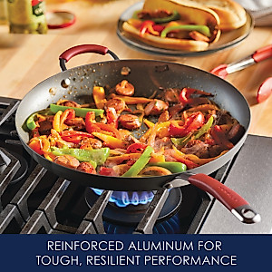 Rachael Ray 87631-T Cucina Hard Anodized Nonstick Skillet with Helper Handle, 14 Inch Frying Pan, Gray/Red