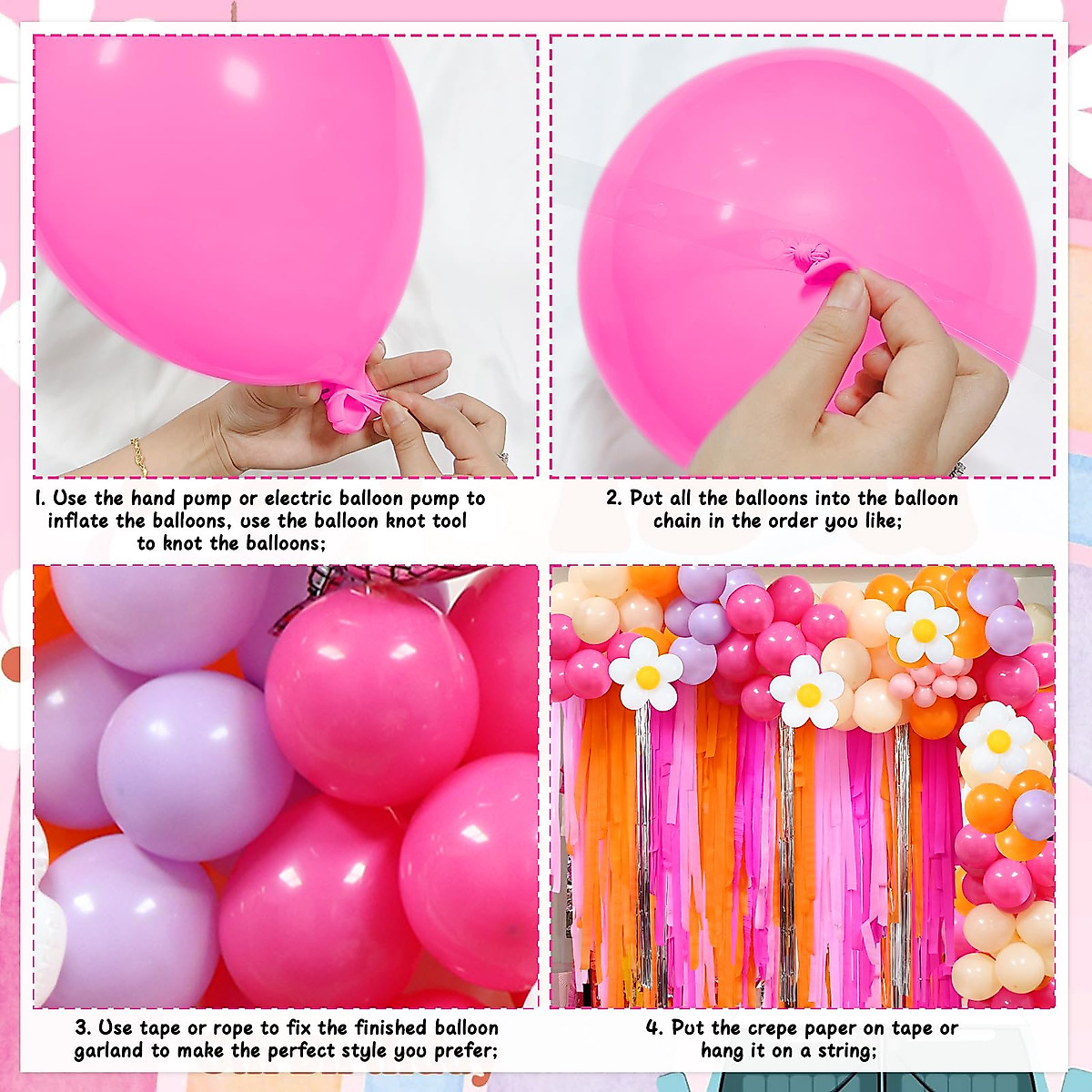 Pink Orange Groovy Balloon Arch Fringe Backdrop, Daisy Balloon Garland Arch Kit, Groovy Streamers for Flower Groovy Birthday Baby Shower Wedding Bachelorette Groovy Party Decorations