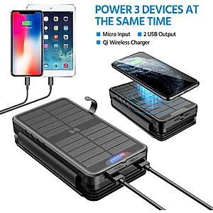 Solar-Charger-Power-Bank - 35800mAh with Dual 5V3.1A Outputs 10W Qi Wireless Charger Waterproof Built-in 4 Solar Panel and Bright Flashlights