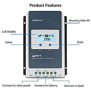 EPEVER 30A Solar Charge Controller MPPT 12V / 24V Auto Max.PV 100V Input Negative Ground Solar Panel Charge Regulator with MT50 Remote Meter Temperature Sensor RTS & PC Communication Cable RS485