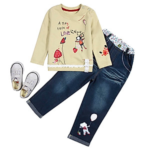 Little Girl's Long Sleeve Cartoon Pullover Shirt and Jeans Pants Outfit Set, Apricot, 4T