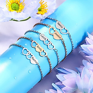 INBLUE 2～3 PCS Personalized Heart Shape Bracelets Set Best Friend Name Customized 1～3 Names for Women Friendship BFF Bracelets for 2～3 Sisters (Silver 3 pcs)