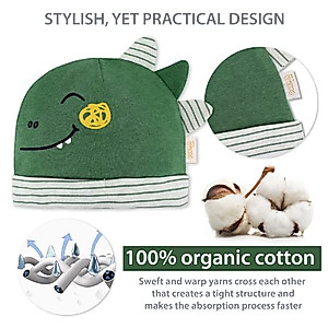 DOKMA Organic Cotton Toddler Hat Set 4 with Cute Dinosaur Design for Baby Boy, Baby Girl 0-6 Months