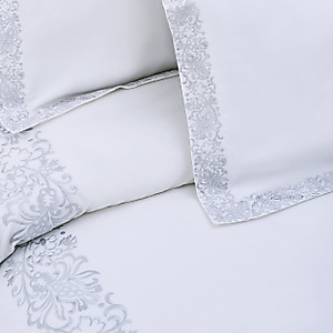 Superior Embroidered Cotton Duvet Cover Set, Soft Bedding Covers, Bedroom, 1 Duvet Cover with Button Closure, 1 Pillow Sham, Elegant Design, Moonlawn Collection, Twin/Twin XL, White