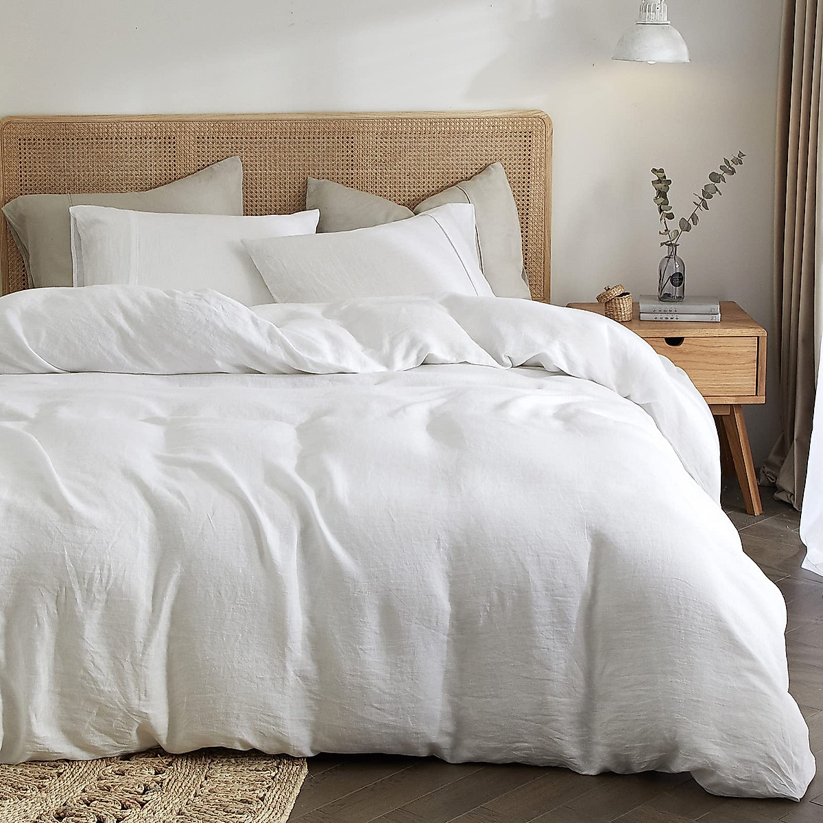 HYPREST Linen Duvet Cover King Size, 3PCS White Washed Flax Linen Bedding Duvet Covers Tuxtured Soft Breathable Cooling Comfy, Moisture-Absorbing & Durable