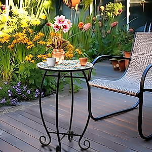 Side Table, 14" Round End Table, Unique Relief Ceramic Tile Tabletop with Metal Frame, Metal Scrollwork Accent Table, Coffee Tea Table Nightstand for Living Room, Bedroom, Indoor Outdoor Use