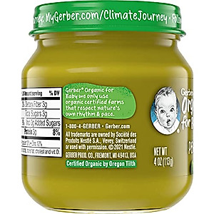 Gerber Organic for Baby 1st Foods Baby Food Jar, Pea, USDA Organic & Non-GMO Pureed Baby Food for Supported Sitters, 4-Ounce Glass Jar (Pack of 10 Jars)