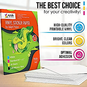 Printable Vinyl Sticker Paper - Waterproof Decal Paper for Inkjet Printer - 50 Self-Adhesive Sheets - Matte White - Standard Letter Size 8.5"x11"