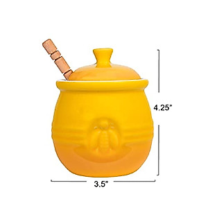 Creative Co-Op Farmhouse Embossed Stoneware Honey Pot with Wood Honey Dipper, Yellow